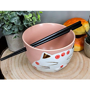 Ebros Whimsical Ceramic Peachy Pink Lucky Meow Cat Pasta Ramen Udong Pho Noodles Soup Bowl and Chopsticks Set Dining Gourmet Meal Feline Cats Collection Rice Bowls Decor Kitchen