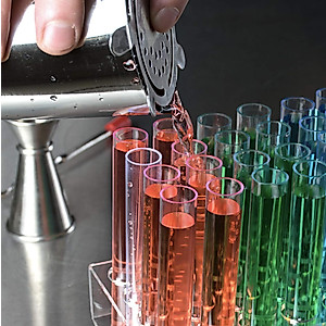 24 Clear Plastic Test Tube Shot Glasses with 2 BONUS Liquor Pourers for Spill Free Pours at New Years Eve parties, Bars, Pool Parties, Bachelorette Parties, Man-Caves, Holidays.