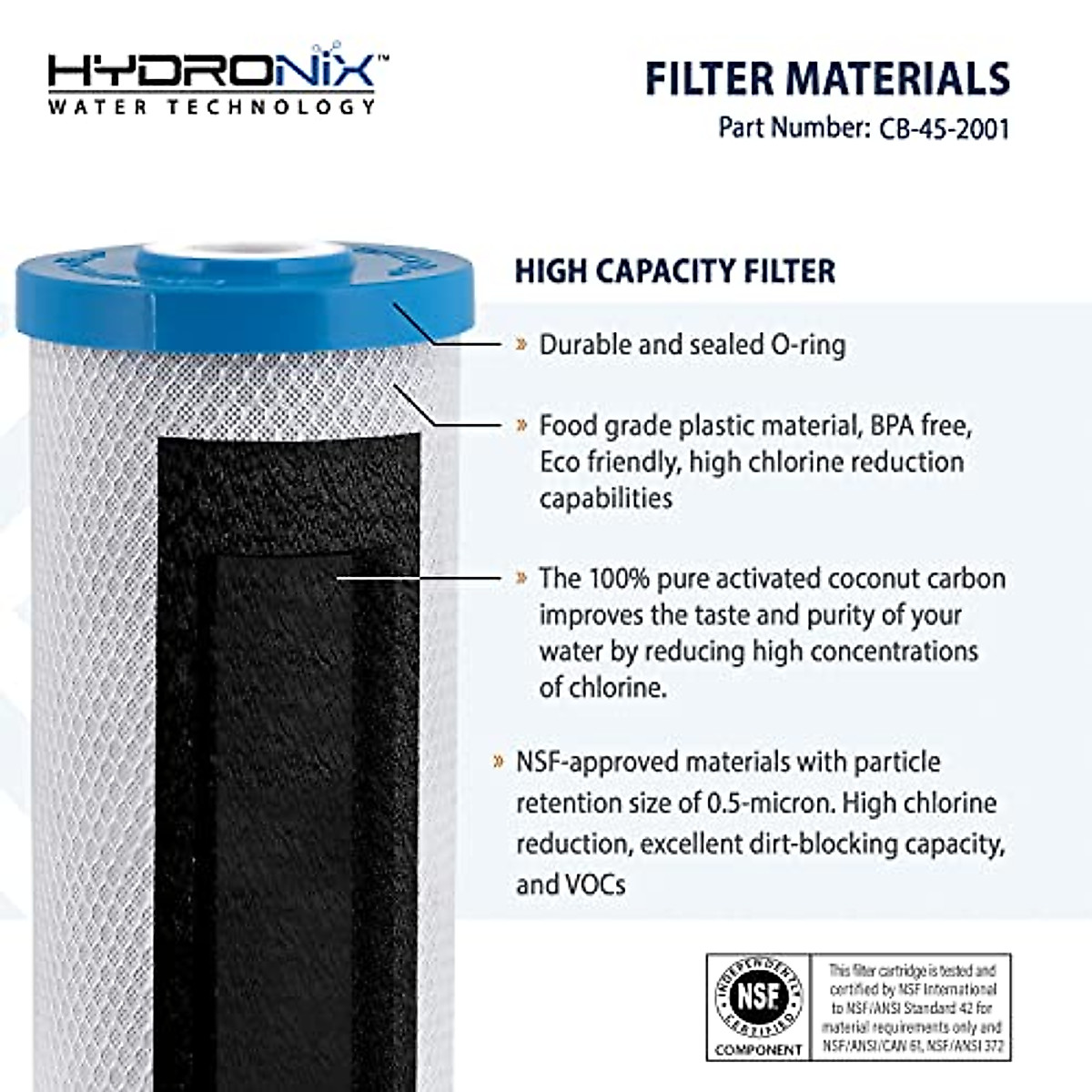Hydronix CB-45-2001 Whole House, Commercial & Industrial NSF Coconut Carbon Block Water Filter, 4.5" x 20" - 1 Micron