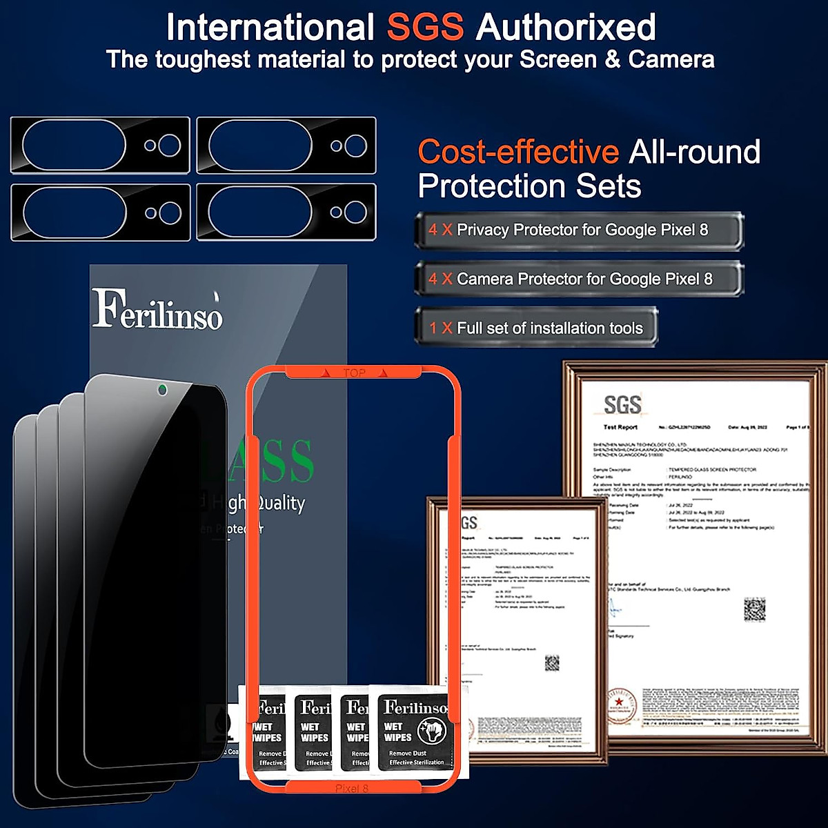 Ferilinso 4 Pack Privacy Screen Protector for Google Pixel 8 with 4 Pack Tempered Glass Camera Lens Protector Accessories Phone Case Friendly Protector de Pantalla for Google Pixel 8