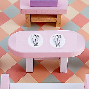 G0lden&Mang0 22Pcs Dollhouse Furniture Set, 112 Dollhouse Decoration 1Pc Wooden Dining Table and 4Pcs Chair, 1Pc Mini Carpet Turkey Rugs, 4Pcs Plates and 12Pcs Knives Forks Spoons for Kids Gift
