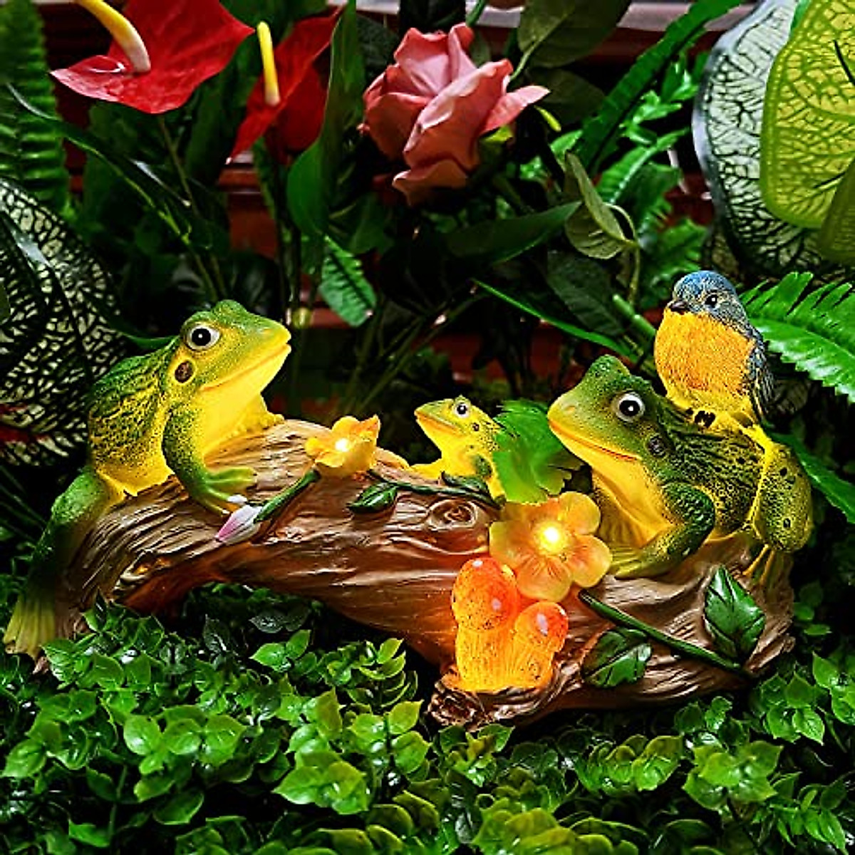 iRonrain Solar Garden Statues Frog, Outdoor Art Decor Figurine Waterproof Lights with Frogs Bird Mushroom & Flowers, Garden Sculpture Ornament for Spring Lawn Yard Thanksgiving Christmas (Frog)