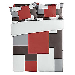 3 Pieces Duvet Cover Bedding Set Twin Mid Century Geometric Abstract Art Breathable Ultra Soft Comforter Cover with Zipper and Pillowcases Luxury Quilt Covers Modern Classic Red Gray Square