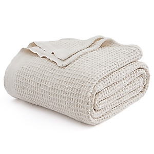 Bedsure 100% Cotton Blankets King Size for Bed - Waffle Weave Blankets for Summer, Lightweight and Breathable Soft Woven Blankets for Spring, Light Beige/Linen, 104x90 inches