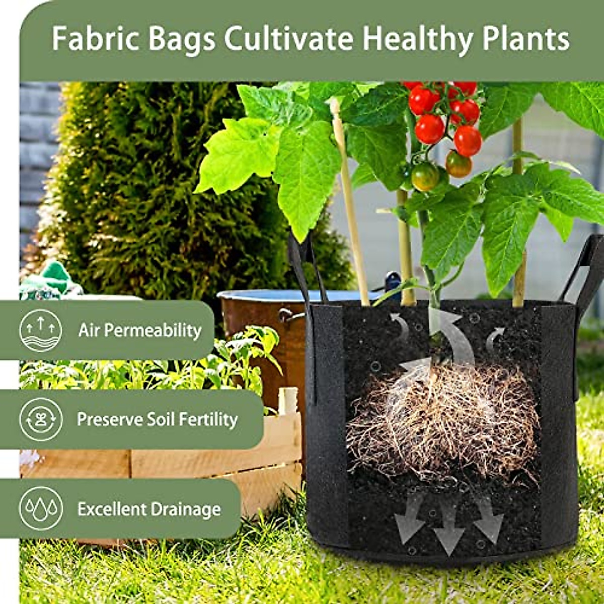 GreatBuddy 12-Pack Grow Bags 5 Gallon, Thick Fabric Planter Bags for Vegetables, Sturdy Handles & Reinforced Stitching, Labels Included, Black