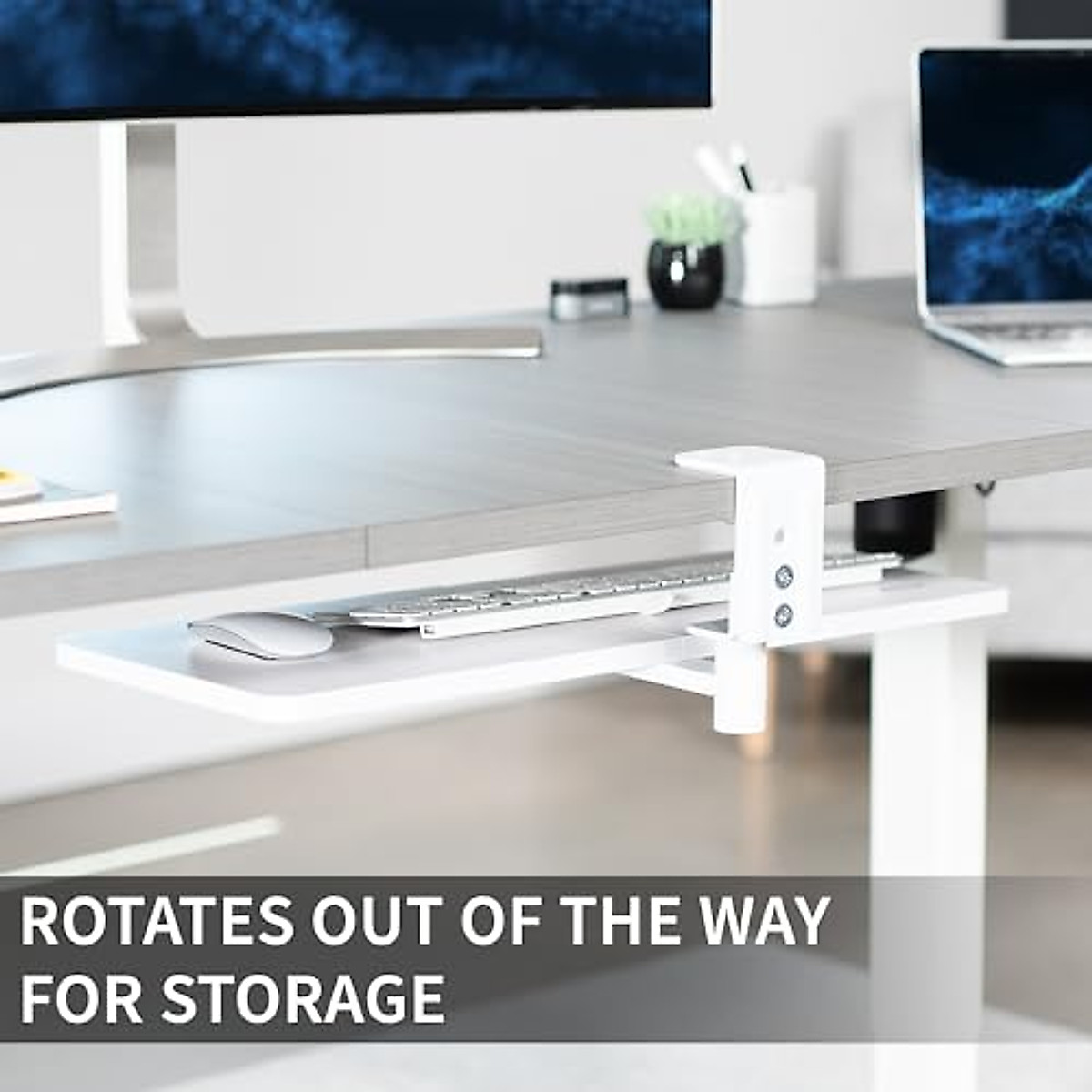 VIVO Clamp-on 25 x 10 inch Rotating Computer Keyboard and Mouse Tray, Extra Sturdy Single Desk Swivel Clamp, Ergonomic Typing, White, MOUNT-KB01CW