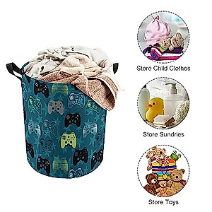 LynaRei Colorful Joystick Gamepad Laundry Basket with Handle, Gaming Cool Print Drawstring Round Collapsible Storage Bin, Dirty Clothes Hamper for Bedroom Bathroom