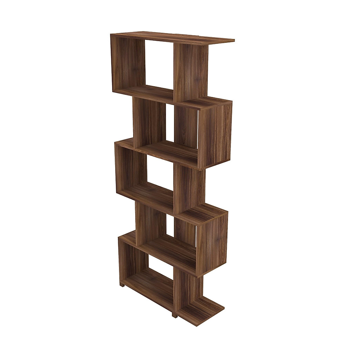 Manhattan Comfort Petrolina Bookshelf with 5 Zig-Zag Cubbies & Open Shelves, Unique Mid Century Modern Bookcase, Ideal for Living Room, Office, Bedroom, Display Ornaments, Trophies, Photos, Nut Brown