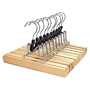 Nature Smile Wooden Pants Hangers 10 Pack Non Slip Skirt Hangers, Smooth Finish Solid Wood Clamp Hangers Hair Extension Hangers Jeans/Slack Hangers with 360° Swivel Hook - Pants Clip Hangers (Natural)