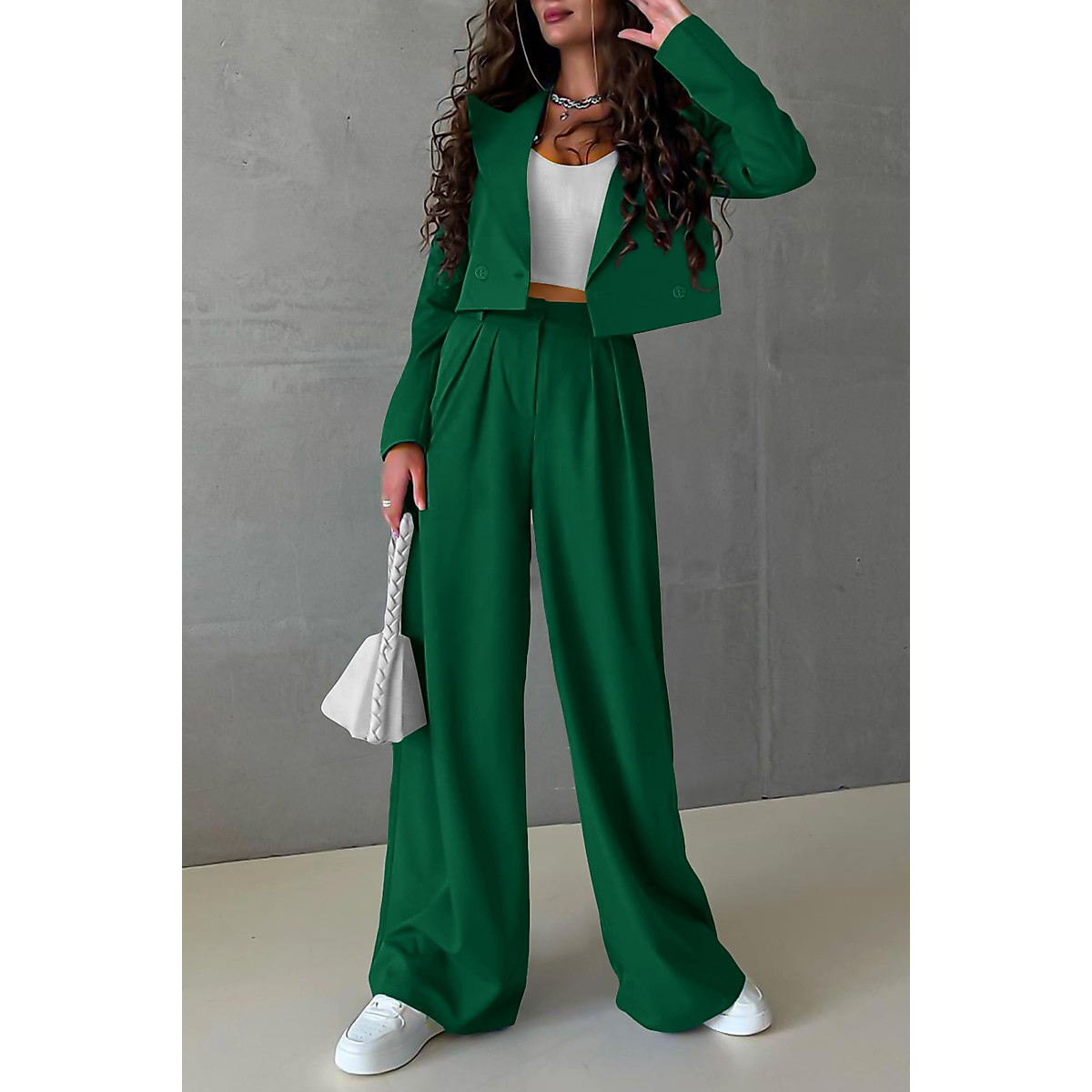 PRETTYGARDEN Women's 2 Piece Casual Outfits Cropped Blazer Jackets High Waisted Wide Leg Work Pants Suit Set (Green,Medium)