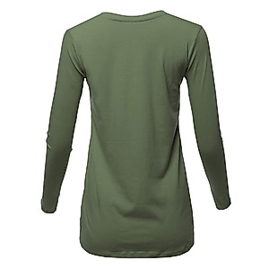 Basic Solid Soft Cotton Long Sleeve Crew Neck Top Shirts Dark Olive M