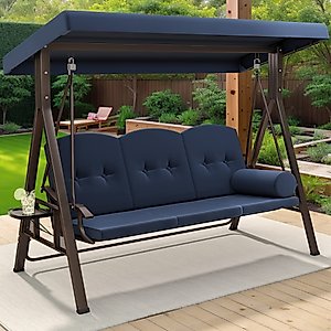 YITAHOME 3-Seat Deluxe Porch Swing Outdoor Heavy Duty Patio Swing Chair with Adjustable Canopy Removable Cushions Weather Resistant Steel Frame Suitable for Garden, Lawn, Backyard, Balcony, Navy Blue