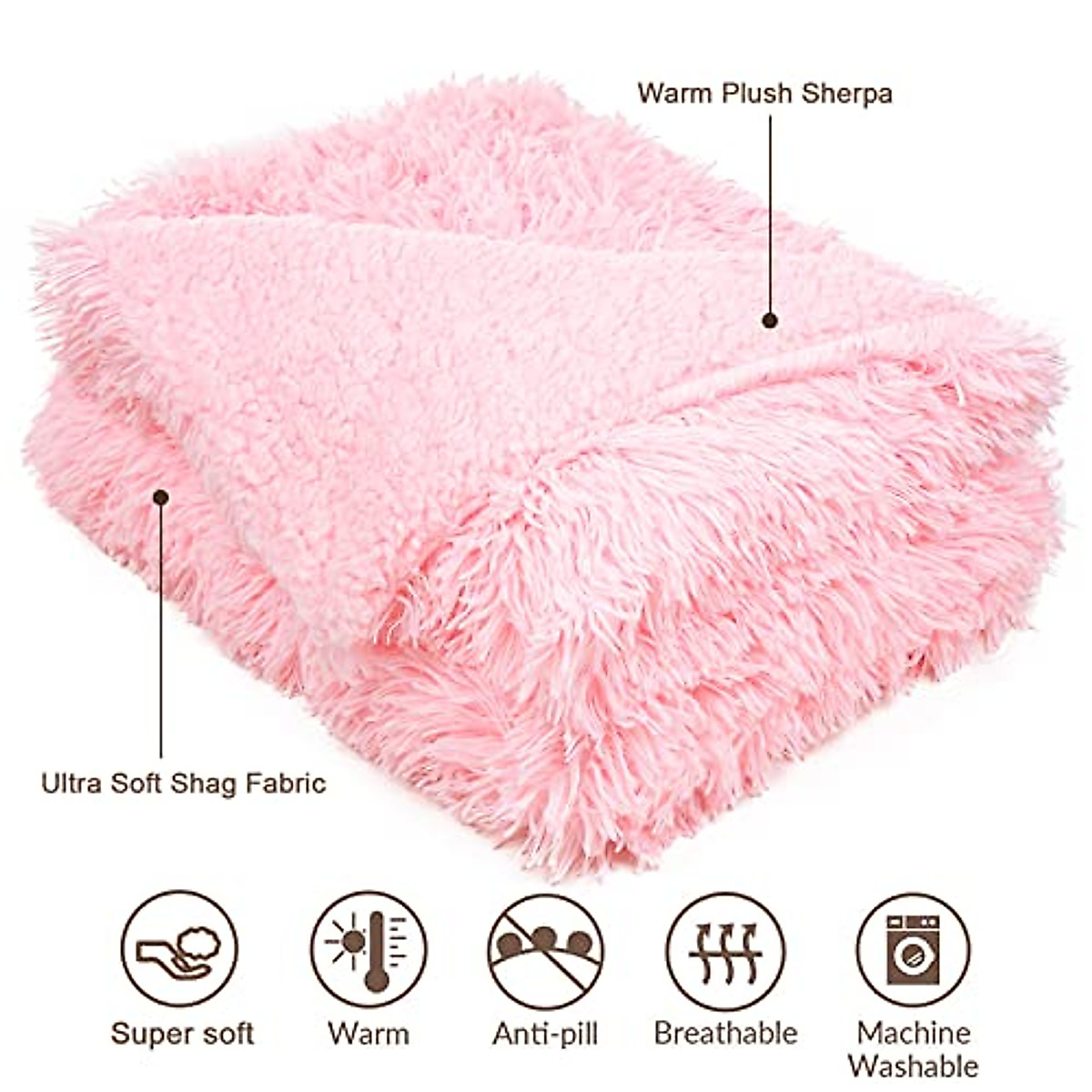 Zareas Soft Faux Fur Throw Blanket, 50" x 60" Plush Sherpa Blanket for Couch, Thick Warm Blankets for Winter, Fluffy Fleece Blanket, Christmas Blanket, Fuzzy Comfy Velvet Blanket for Bed Sofa, Pink
