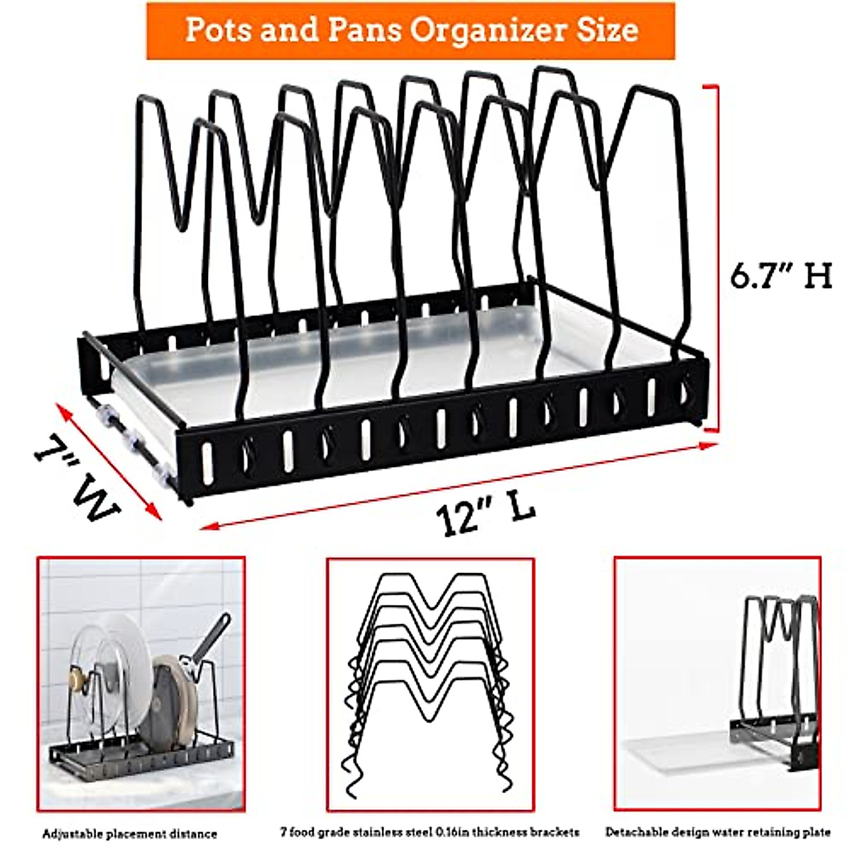 WEITELAI Pot Lid Organizer For Cabinet, 7 Dividers Adjustable Pots and Pans Organizer for Cabinet, With Draining Tray Kitchen Cookware, Bakeware, Cookie Cutting Board Organizer Black