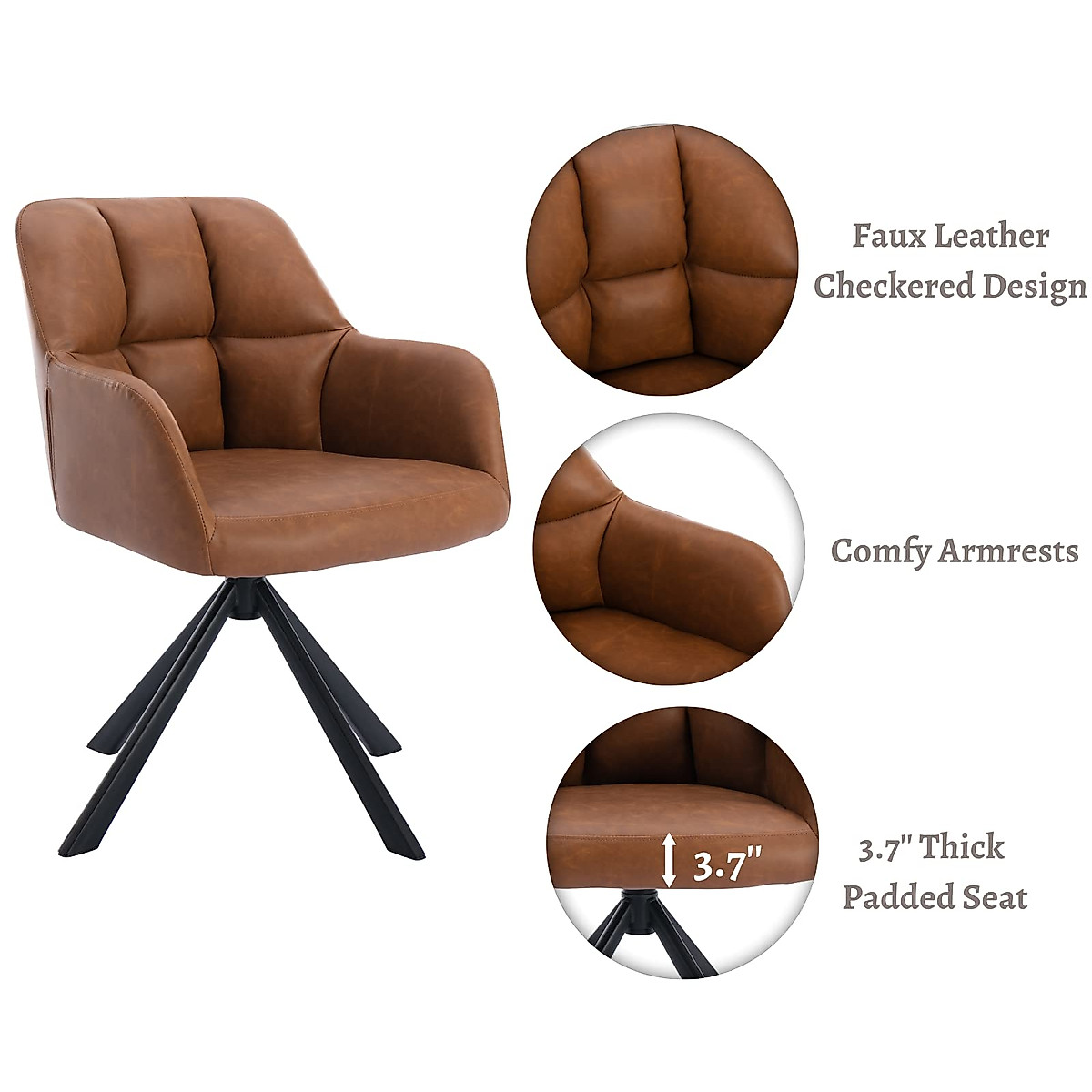 EALSON Comfy Leather Desk Chair Modern Computer Task Chair no Wheels Swivel Accent Chair with Mid Back Arm Chair for Living Room/Bedroom/Home Office, PU Brown
