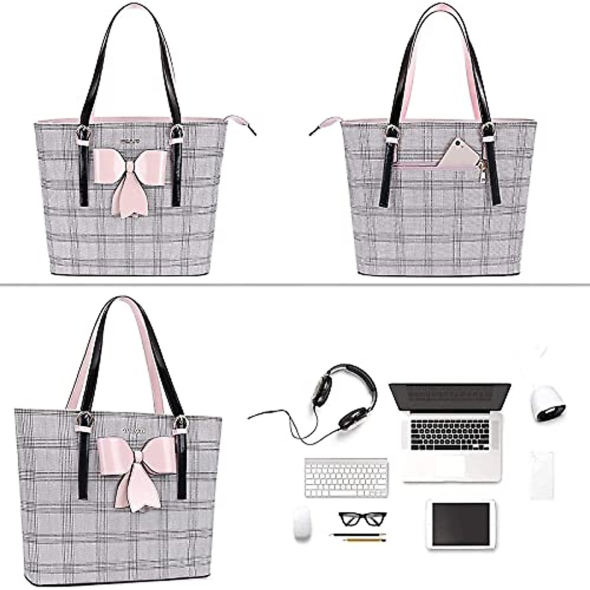 MOSISO Laptop Tote Bag Compatible with MacBook, 17-17.3 inch Notebook and Chromebook, PU Leather Large Capacity Work Bag Travel Hanbag with Grid MO-GID002LTBR