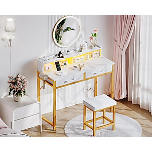 AODK Vanity Desk with Vanity Chair, Makeup Vanity with LED Lights, White Small Vanity Desk Without Mirror, 32 Inch Makeup Table for Small Space with 2 Fabric Drawers, Desk Make Up Vanity for Girls
