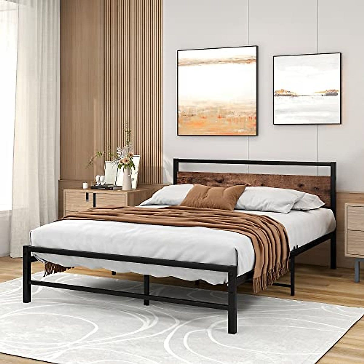 Crocofair Queen Size Bed Frame with Wooden Headboard and Footboard,Heavy Duty Metal Platform Bed Frame with Storage,Mattress Foundation Easy Assembly No Box Spring Needed(Rustic Brown)