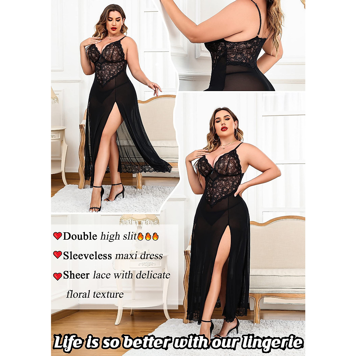 Avidlove Women's Lingerie Plus Size Split Long Mesh Lingerie Dress Babydoll Chemise Black Nightgown 5X-Large