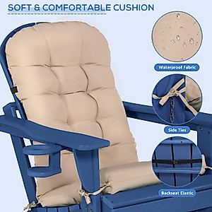 LOENIY Adirondack Chair with Cushion & Cup Holder, HDPE Folding Adirondack Chair with Wood-Like Grain Outdoor Fire Pit Chairs for Patio/Porch/Swimming Pool/Camping (Blue)