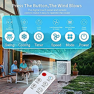 Evaporative Air Cooler, KEGIAN Swamp Cooler with 5.3 Gallon Water Tank, Remote Control, 12 H Timer - Efficient, 3 Modes & Speeds, Humidifying,110° Oscillation,and Portable 3-IN-1 Cooling Fan for Bedroom Home Office