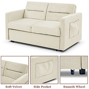 Antetek 3 in 1 Convertible Sleeper Sofa Bed, 54.5-inch Modern Loveseat Couch with Pull-Out Bed, Small Love seat Sofa Bed with Reclining Backrest & Side Pocket for Living Room, Beige