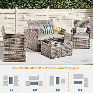 FHFO 4 Piece Outdoor Patio Furniture Sets, Wicker Sectional Conversation Sofa Set, Rattan Table and Chairs and Loveseat with Cushions for Outside Balcony Porch Backyard (Gray-Gray)