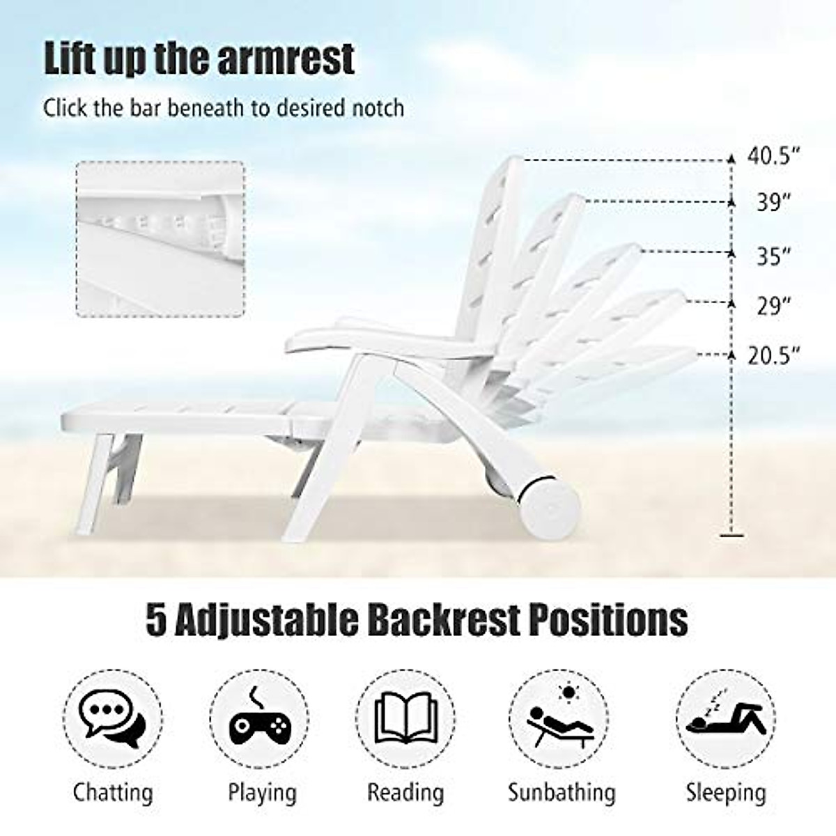 HAPPYGRILL Foldable Patio Lounger Chaise Chair with Wheels for Outdoor Patio Poolside