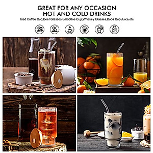 BOICHU Ribbed Glassware Set of 4, Ribbed Glass Cups with Lids and Straws - Vintage Ribbed Drinking Glasses with Bamboo Lids, 11 OZ Cute Fluted Glassware for Iced Coffee,Cocktail,Beer,Smoothie,etc