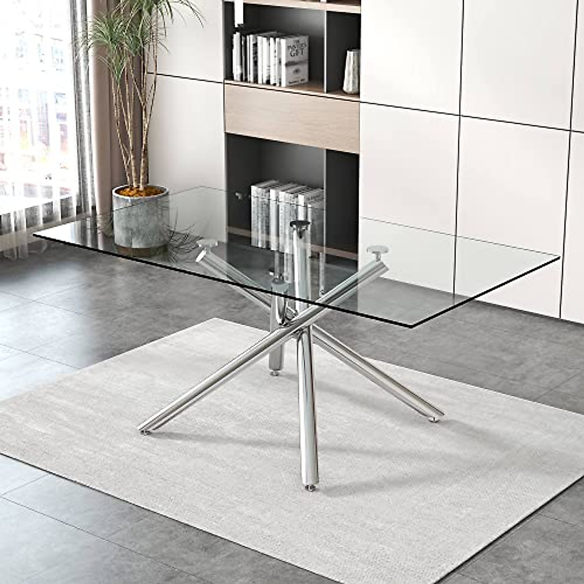 Maotifeys 63" Modern Glass Dining Table for 6 4,Kitchen Table Rectangle Tempered Glass Top Dining Room Table w/Silver X Shape Stainless Steel Pedestal Base,Glass Dinner Table for Kitchen Dining Room