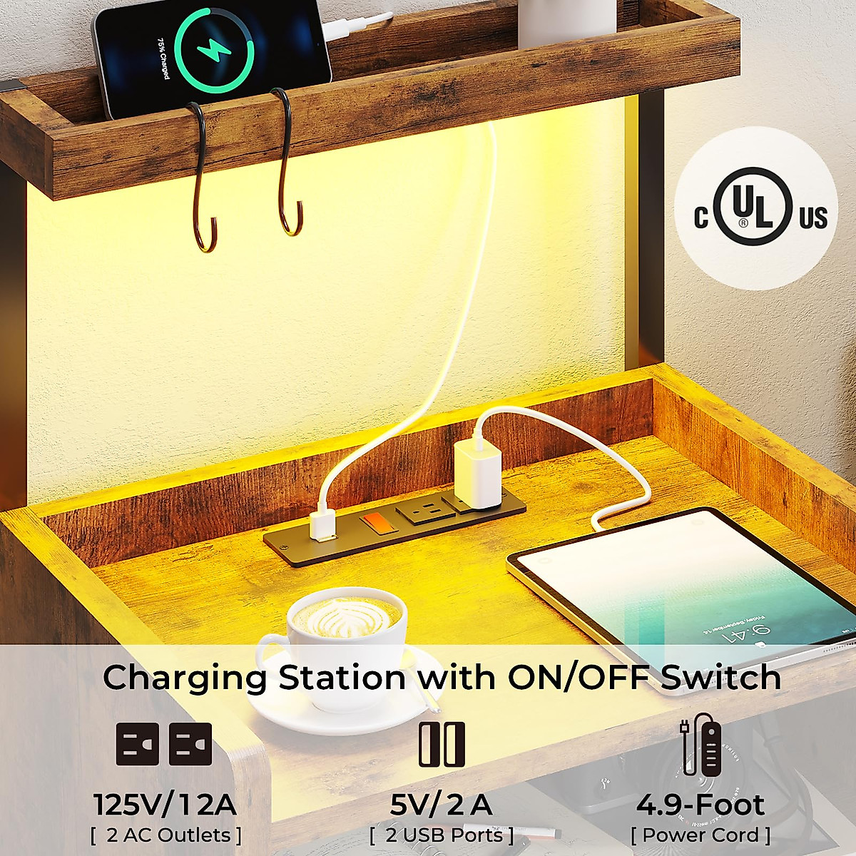 VIAGDO Nightstand with Charging Station and LED Lights, Rustic Brown Night Stand with Drawer, Modern End Side Table with Open Storage Shelves, Bedside Tables for Bedroom, Office