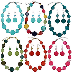 Jules D. Simple Beaded Choker Necklace Handmade Shell Multi Colorful Brown Green Beads Statement Necklace Bracelet Earring Set Costume Jewelry for Women Gifts (Multi)