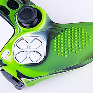 9CDeer 1 Piece of Silicone Studded Dots Protective Sleeve Case Cover Skin + 6 Thumb Grips Analog Caps for PS5 Controller, Camouflage Green