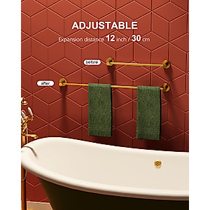2 Pack Adjustable 16 to 27.6 Inch Single Gold Towel Bar, iMomwee SUS304 Stainless Steel Bath Towel Holder, Wall Mounted Towel Rail for Bathroom Kitchen Washroom, 1" Diameter Towel Rod with S Hooks