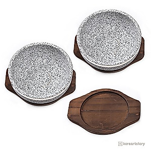 KoreArtStory Dolsot-Bibimbap Stone Bowls 32-Oz(Set of 2 + Wood base 1 More + Bibimbap Recipe) Cooking Korean Soup and Food