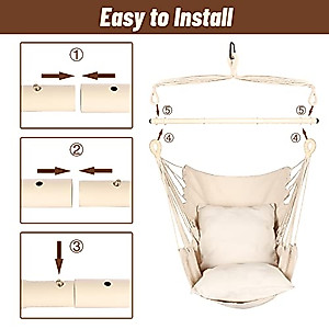 Highwild Hammock Chair Hanging Rope Swing - Max 500 Lbs - 2 Cushions Included - Steel Spreader Bar with Anti-Slip Rings - for Any Indoor or Outdoor Spaces (Beige)