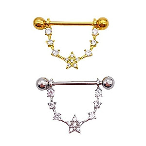 Salwosai 14G Stainless Steel Nipple Rings CZ Chain Star Straight Barbell Bars Body Piercing Jewelry (Gold)