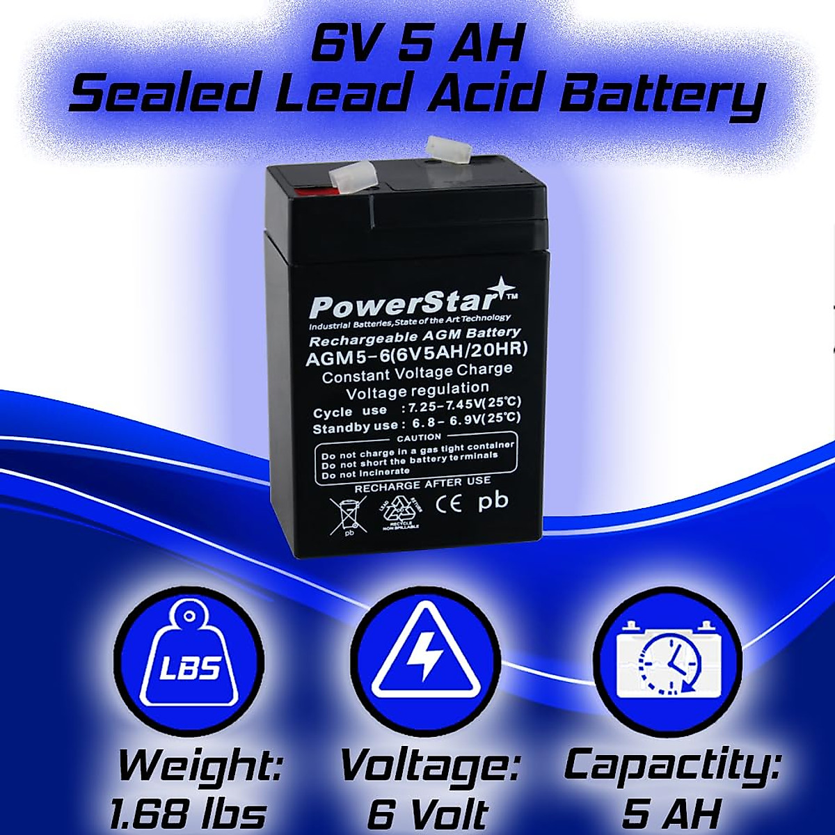 PowerStar« 2 Pack - 6V 5Ah PS-640, PS640F1, UB645 Replacement SLA Battery New