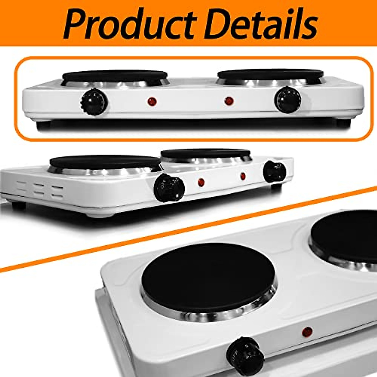 VNIMTI 2000W Countertop Burner Electric Double Hot Plate Stainless Steel Flat Burner Cast Iron Cooktop for Dorm, Office, Home, camping. Temperature Control & Compatible with All Cookware & Fast Heating & Easy to Clean & Portable Compact, White