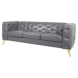 QHITTY Chesterfield Sofa, 84'' Modern 3 Seater Accent Leather Couch with Square Arms and Metal Tufted Button, Metal Legs for Living Room, Office, Bedroom (Grey)…