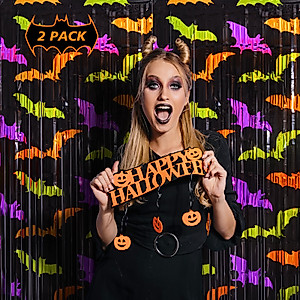 Mega-L Halloween Party Decorations 2 Pack Green Orange Purple Bat Pattern Photo Booth Props, 3.3 X 6.6 ft Halloween Foil Fringe Curtains, Halloween Photo Backdrop Streamers Halloween Party Supplies