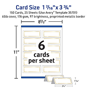 Avery Printable Place Cards with Sure Feed Technology, 1-7/16" x 3-3/4", White with Gold Border, 150 Blank Tent Cards for Laser or Inkjet Printers (35701)