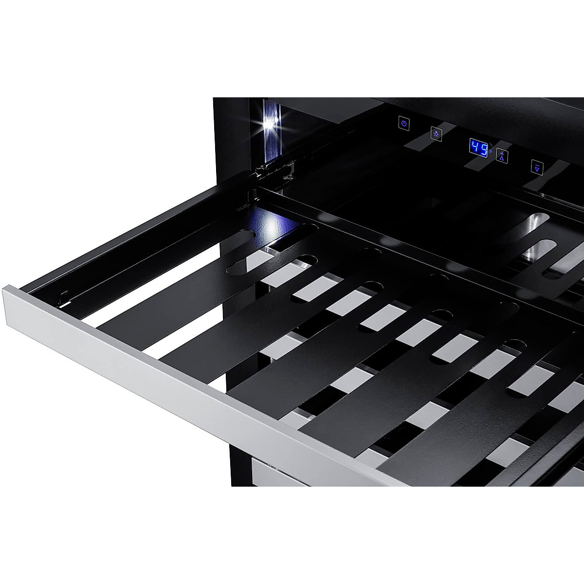 Summit ASDW2412 24 Inches Wide Built-In Wine Cellar, Black; ADA Compliant Design; Less Than 18 Inches Deep; Double Pane Tempered Glass Door; Temperature Memory Function; Reversible Door