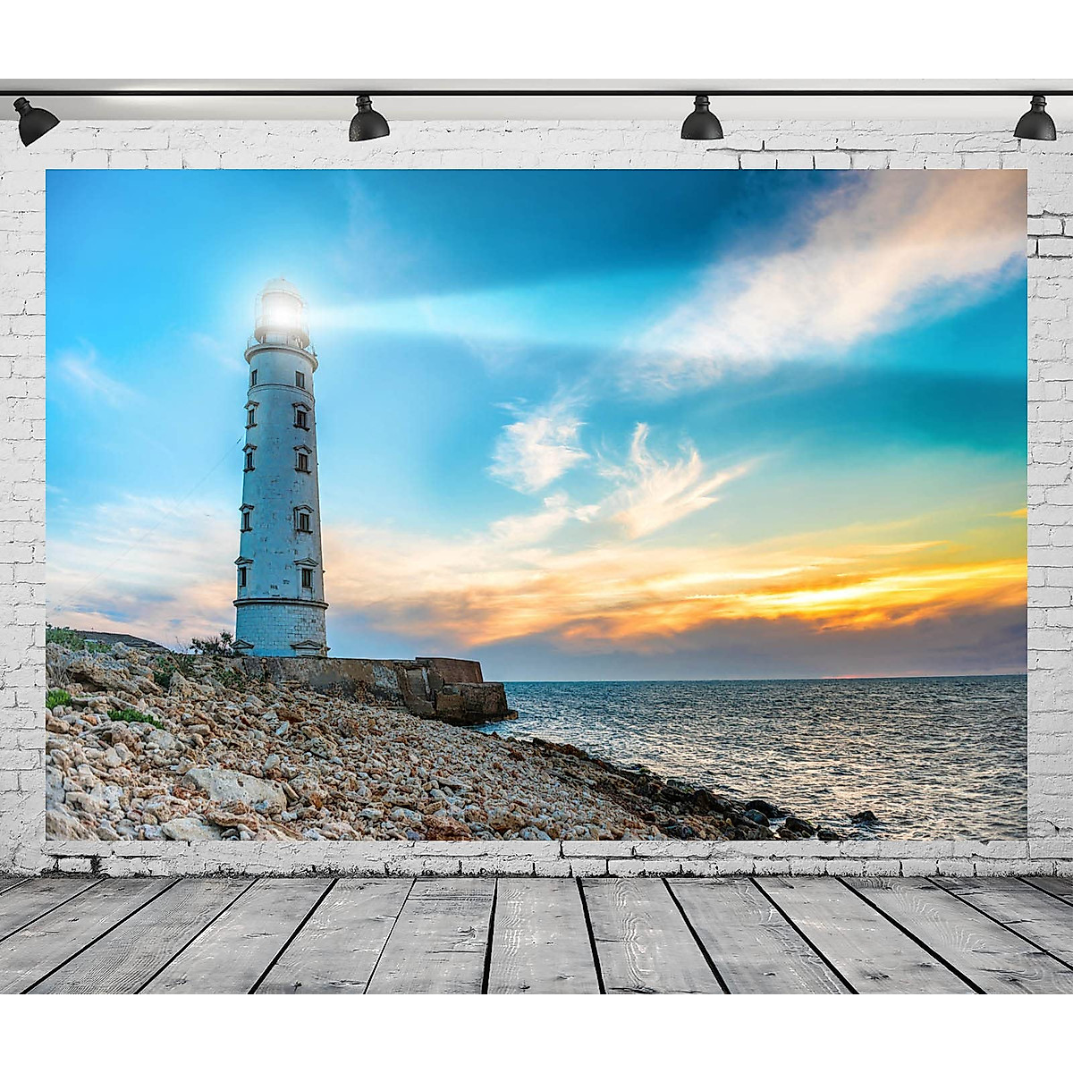 BELECO 7x5ft Fabric Seaside Lighthouse Backdrop for Photography Lighthouse Searchlight Beam Sunset Seascape Scenery Background Nautical Party Decorations Studio Booth Photo Props