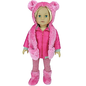 Sophia's 18" Doll 4 pc. Winter Outfit with Hot Pink Nylon Zipped Jacket, Bear Faux Fur Hat and Boots, and Hot Pink and Gray Striped Leggings
