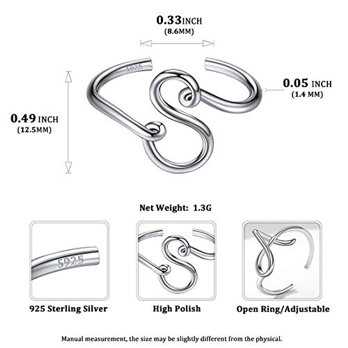 ChicSilver Jewelry Personalized Letter Ring for Women Sterling Silver Adjustable Wrap Open Ring Friendship Engagement Ring (S)