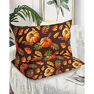 Edwiinsa Fall Pumpkin Pillow Covers King Standard Set of 2 Bed Pillow, Brown Autumn Maple Leaves Farmhouse Plush Soft Comfort for Hair/Skin Cooling Pillowcases with Envelop Closure 20''x36''