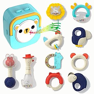 10pcs Baby Rattles, Teething Toys for Babies 6-12 Months, Newborn Baby Toys Musical Hand Drum Storage Box Early Educational Infant Grab Toy Baby Essentials, Birthday Present for 0-6