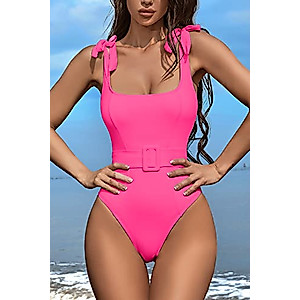 QINSEN One Piece Swimsuits for Women with Adjustable Tie Straps Elastic Belt Moderate Coverage Bathing Suit Rosy L