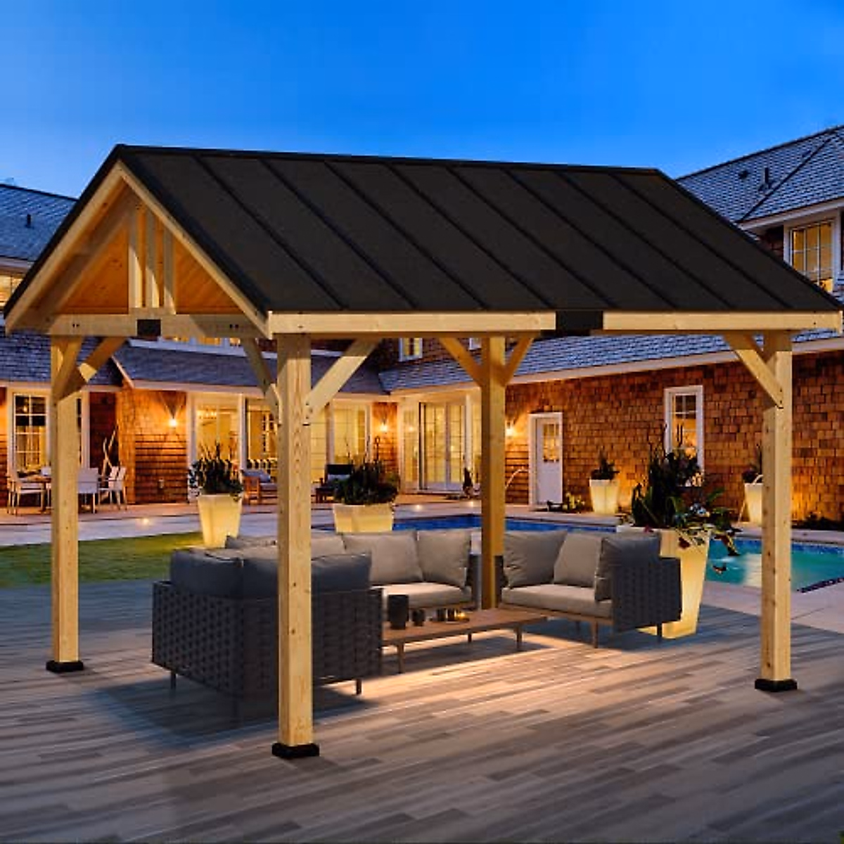 Erinnyees 12' x 11' Solid Spruce Wood Hardtop Gazebo with Waterproof Asphalt Roof for Lawn, Garden, Deck, Patio